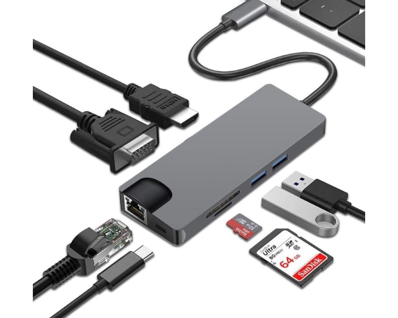 E-GREEN - Adapter USB 3.1 Tip C (M) - HDMI+VGA+2X 3.0 USB + tip C + SD (F) + RJ45