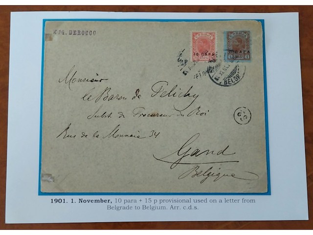 1901. Kraljevina-Pismo za Belgiju, frankirano 10p + 15p