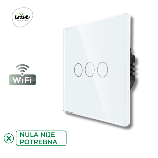 Wise pametni prekidač SLW – nije potrebna „nula“ žica – 3 tastera – beli stakleni panel