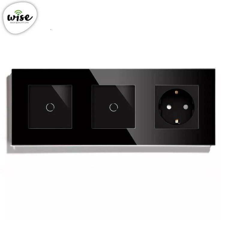 Wise modularni prekidači i utičnice – 2 tastera, 1 utičnica – stakleni panel crni