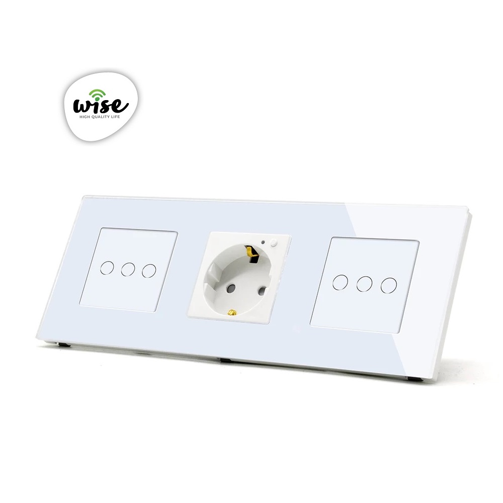 Wise modularni prekidači i utičnice – 6 tastera, 1 wifi utičnica – stakleni panel beli
