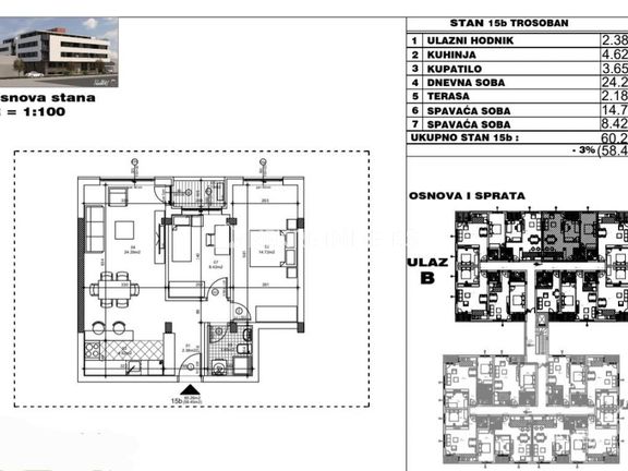 Trosoban stan na Telepu, 58.45m2