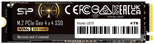 M.2 NVMe 4TB SSD, US75, PCIe Gen 4x4, 3D NAND, Read up to 7,000 MB/s, Write up to 6,500 MB/s (single sided), 2280 ( SP04KGBP44US7505 )