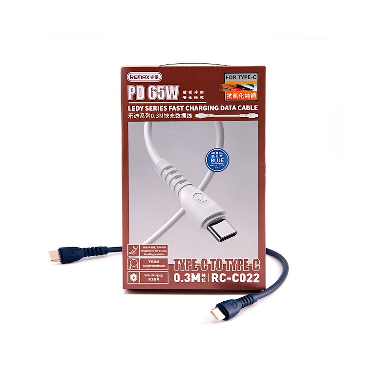 USB Data Cable REMAX RC-C022 Ledy 65W FAST CHARGE Type-C na Type C plavi 0,3m