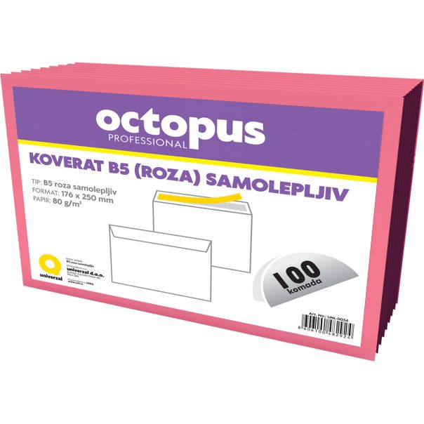 OCTOPUS Koverat b5 rozi 100/1 samolepljivi unl-0034