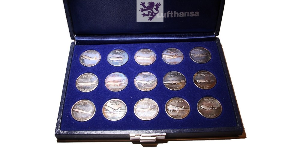 Lufthansa Airlines full set 15 Silver coins of aircraft fleet 1955-1983