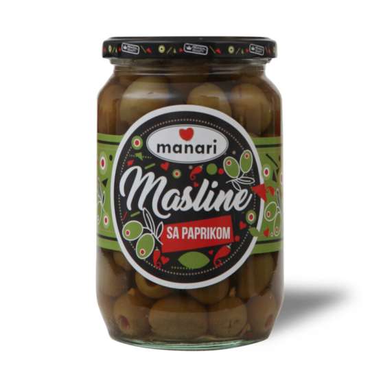 Masline zelene MANARI sa paprikom 680g