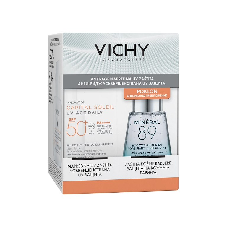 VICHY PROMO CAPITAL SOLEIL UV-AGE Fluid SPF 50+ 40 mL i Poklon MINÉRAL 89 BOOSTER 40 mL; Anti-Age Napredna UV Zaštita