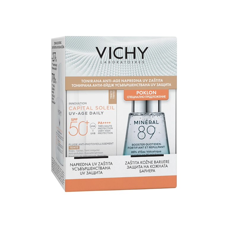 VICHY PROMO CAPITAL SOLEIL UV-AGE Tonirani Fluid SPF 50+ 40 mL i Poklon MINÉRAL 89 BOOSTER 40 mL; Tonirana Anti-Age Napredna UV Zaštita