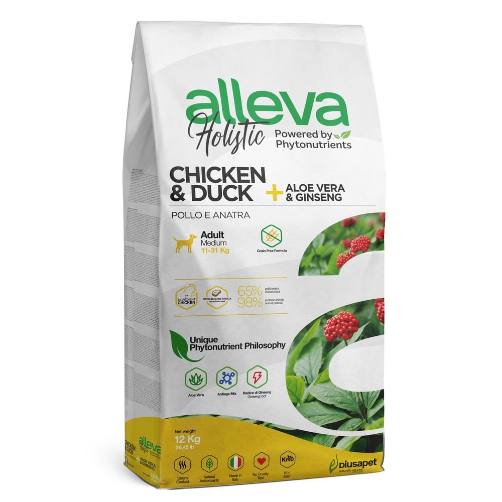 Alleva Holistic Dog Adult Chicken & Duck + Aloe Vera & Ginseng Medium 12 kg