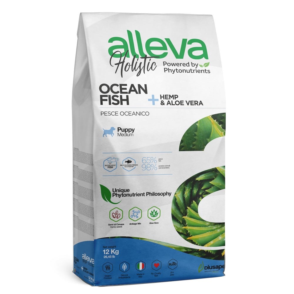 Alleva Holistic Dog Puppy Ocean Fish + Hemp & Aloe Vera Medium 12 kg