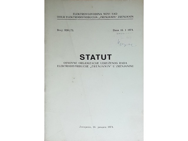 Statut `ELEKTRODISTRIBUCIJA` Zrenjanin Jugoslavija