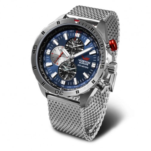 MUŠKI VOSTOK EUROPE ALMAZ CHRONOGRAPH PLAVI SREBRNI SPORTSKO ELEGANTNI RUČNI SAT SA PLAVIM KOŽNIM KAIŠEM