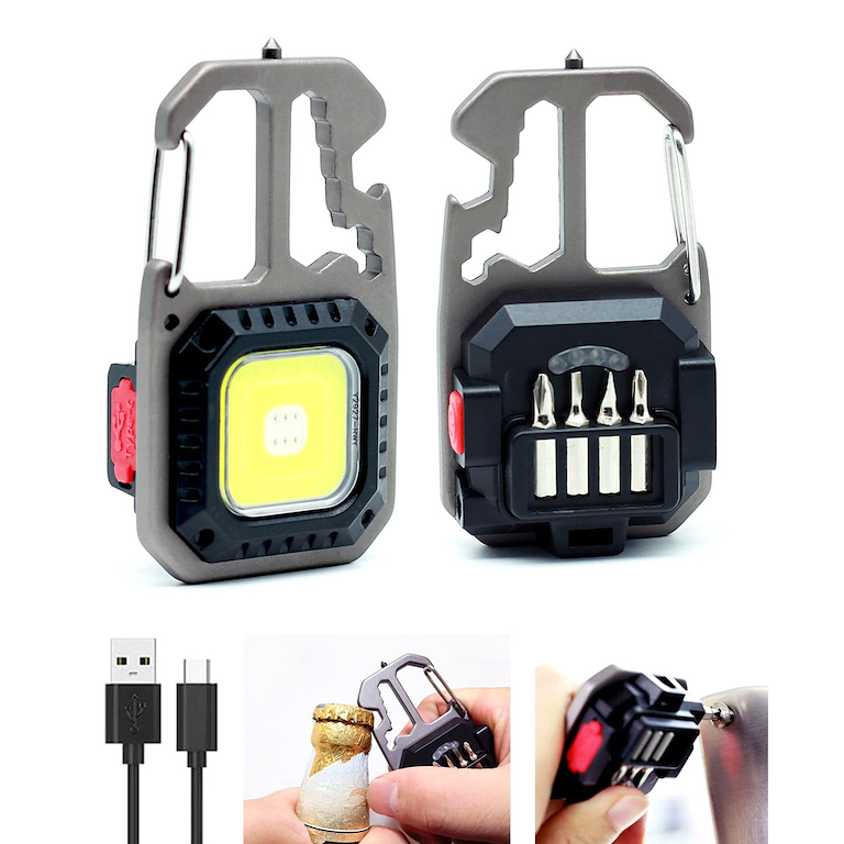 LED lampa privezak, otvarac - flase, univerzalni kljuc sa razbijacem stakla i srafcigerima, crna