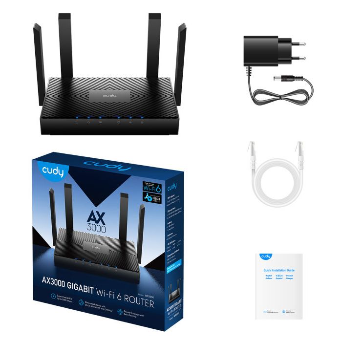 Cudy WR3000 AX3000 Dual Band 2.4+5Ghz Wi-Fi Ruter 1W/4LAN Gbit,4x5dBi 160MHz, Wisp/AP/REP