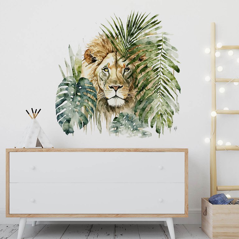 Lion and tropical leaves