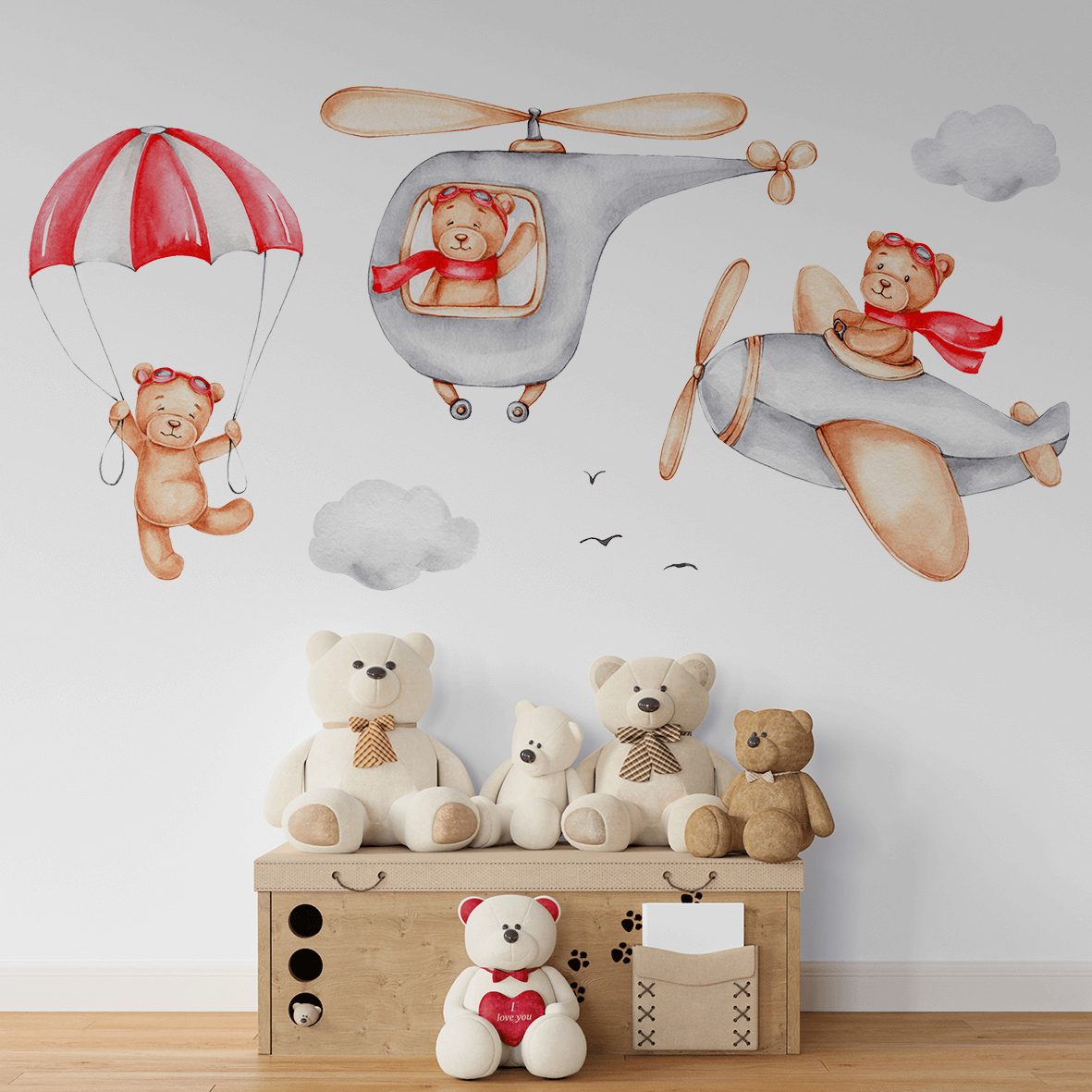 Teddy bears flying