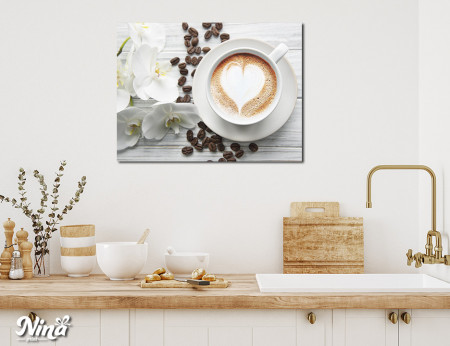 Moderne slike na platnu za kuhinje Soljica kafe i bela orhideja ms089