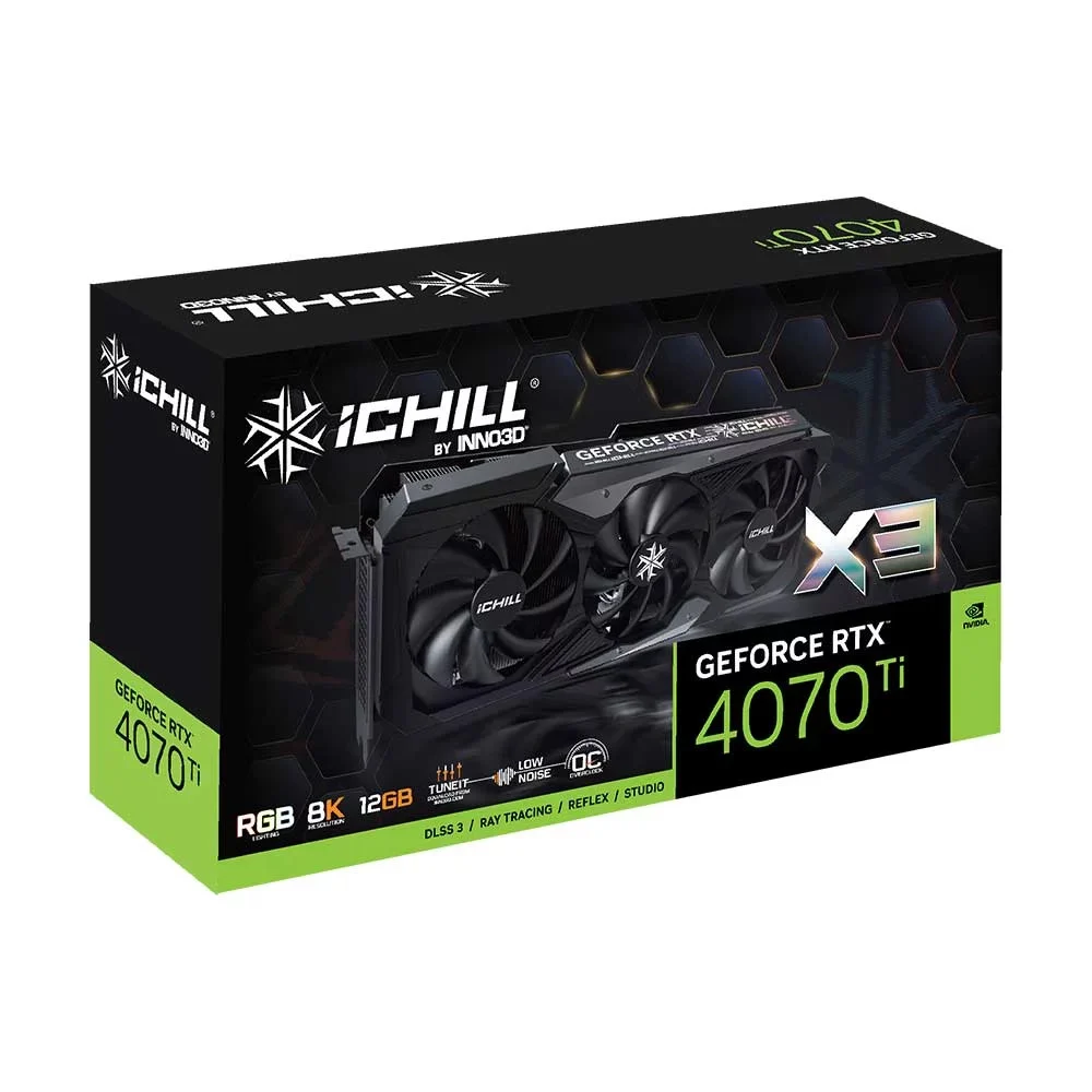 INNO3D NVIDIA Video Card RTX 4070Ti iChill X3 12GB GDDR6X 192 bit, 2550 MHz / 21 Gbps, 3x DP, HDMI, 3 fan, 3 slot - C407T3-126XX-186148H