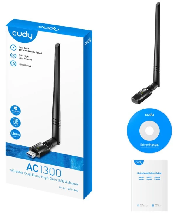 Cudy WU1400 AC1300 Wi-Fi USB 3.0 Adapter,2.4+5Ghz,5dBi high gain detach.antenna,AP(Alt.U1,U6)