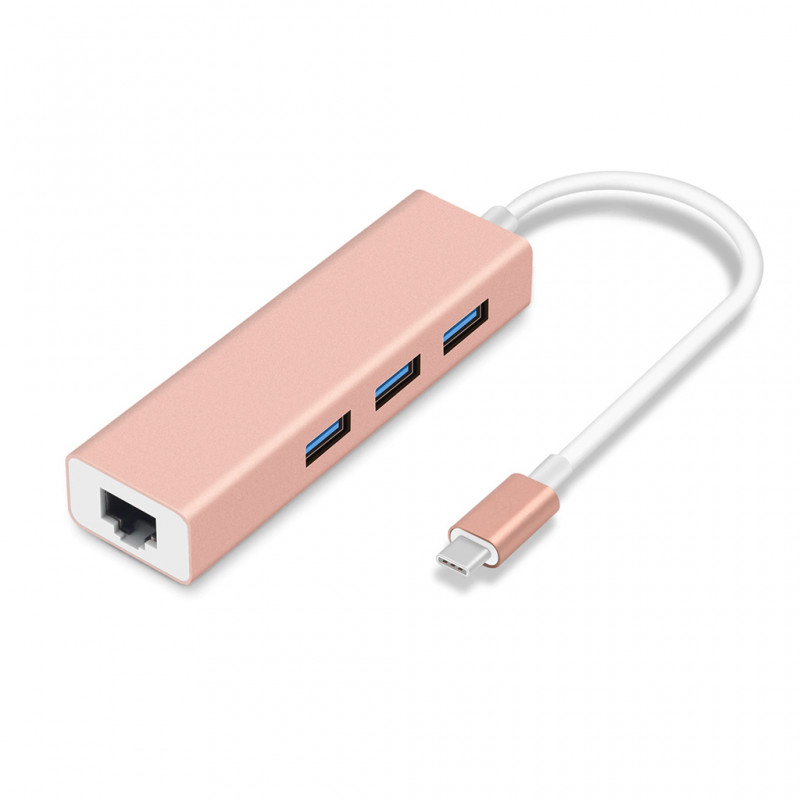 Adapter Type C na 3 USB 3.0 + RJ45 Gb JWD-T5 roze