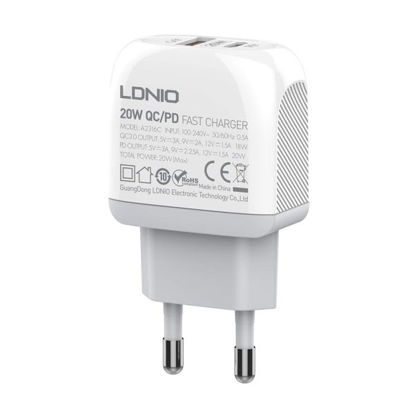 LDNIO Kućni punjač A2316C 2xUSB 20W Type-C na Lightning, bela