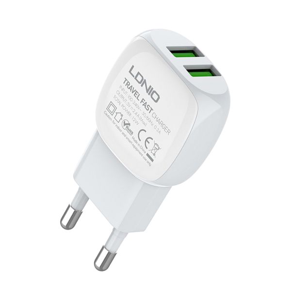 LDNIO Kućni punjač A2218 2xUSB 2.4A Lightning, bela