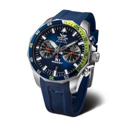 Vostok europe muški n1 rocket chronograph plavi srebrni sportski ručni sat sa plavim silikonskim kaišem ( 6s21/225a708s )