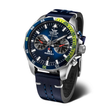 Vostok europe muški n1 rocket chronograph plavi srebrni sportsko elegantni ručni sat sa plavim kožnim ( 6s21/225a708k )