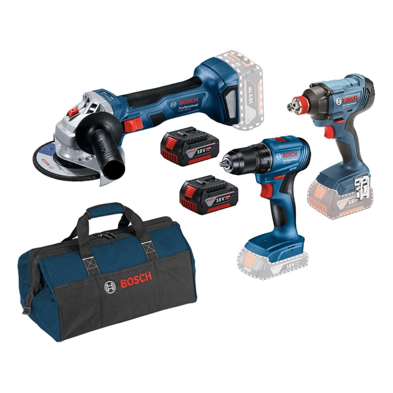 Bosch Akumulatorski set GSR 185-Li + Bosch GDX 180-LI + Bosch GWS 180-Li; 18V; 2×4,0 + torba, 0615990N3P