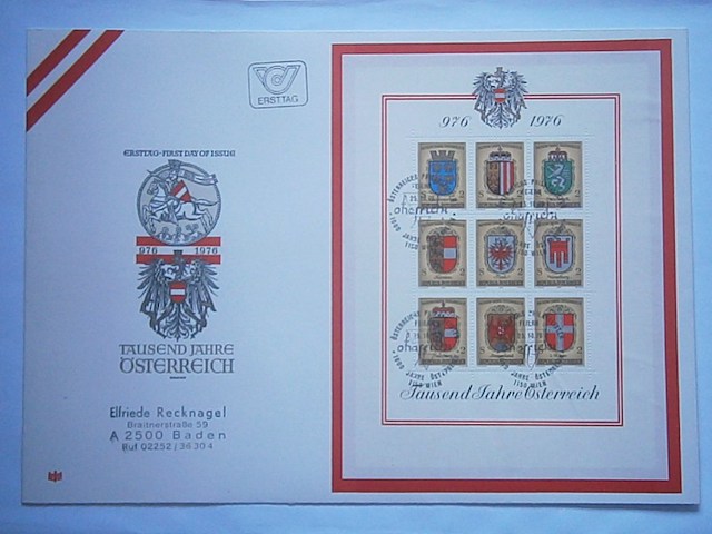 FDC KOVERAT AUSTRIJA 1976. 1000 GODINA 28x20cm