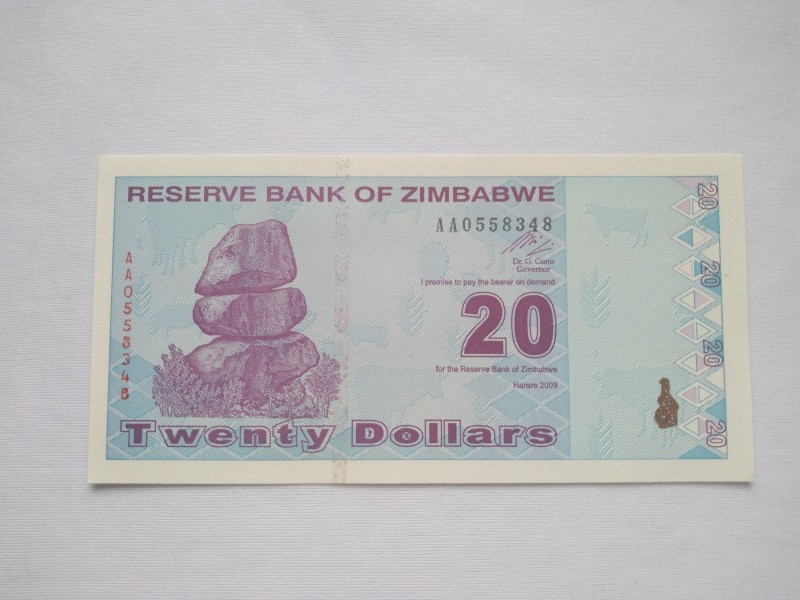 Zimbabve 20 dolara,2009 god.UNC,AA,manji broj