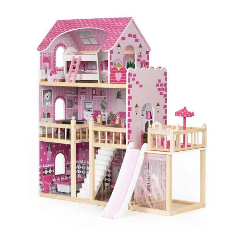 ECO TOYS Drvena kućica za lutke sa terasom i toboganom, 18 elemenata, Roze