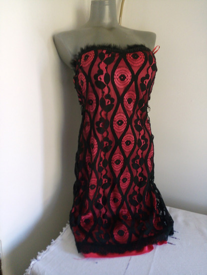Crvena crna cipka i krzno top haljina S/M
