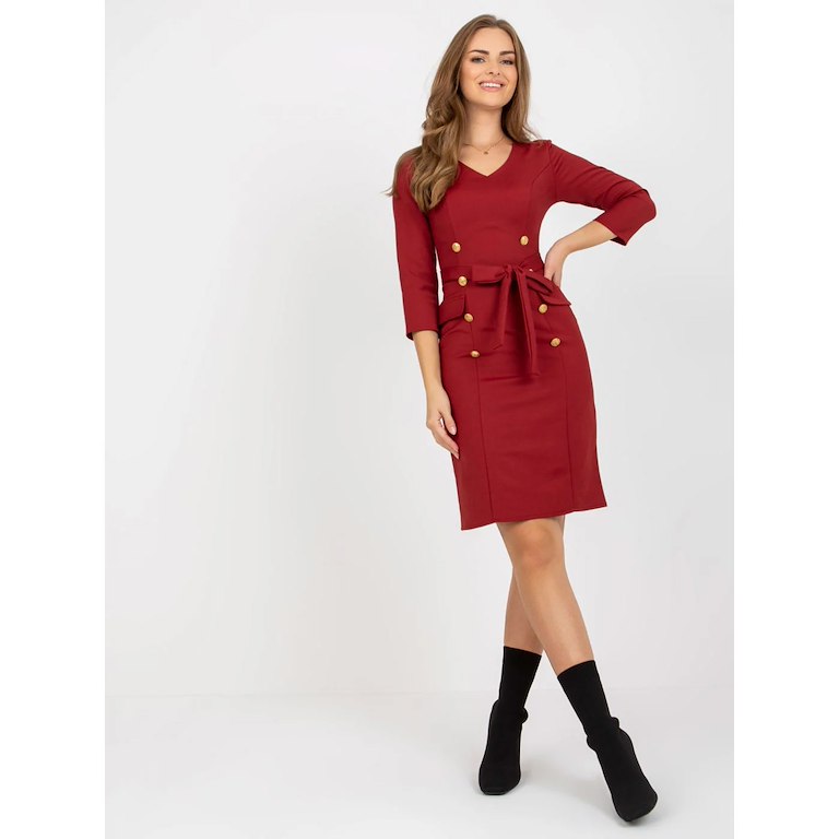 Dark red double-breasted cocktail dress with tie belt