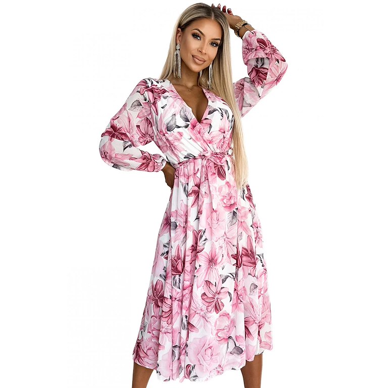 Chiffon midi dress with long sleeves and neckline - white with pale pink flowers