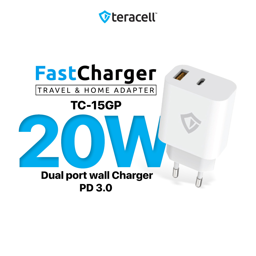 Kucni punjac Teracell Evolution TC-15GP, QC 3.0, PD 3.0, 20W sa PD iPhone lightning kablom beli