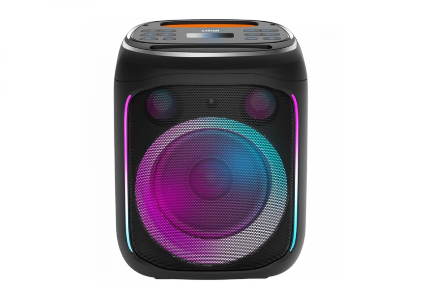 CANYON OnFun 5, Partybox speaker,Spec: speaker drivers: 6.5''+1.5'tweeter Power Output : 40W Lithium Battery : 7.4v 3600mAh Function : AUX+TF+MIC+BT+USB+DSP+EQ+ehco+. Color: Black body,orange handle.