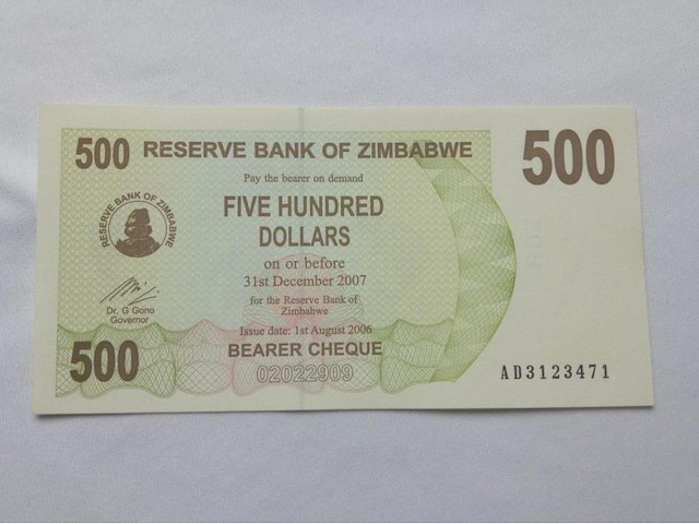 Zimbabve 500 dolara,2007 god.UNC