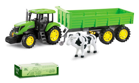 Zeleni traktor sa prikolicom i bikom ( 403595 )