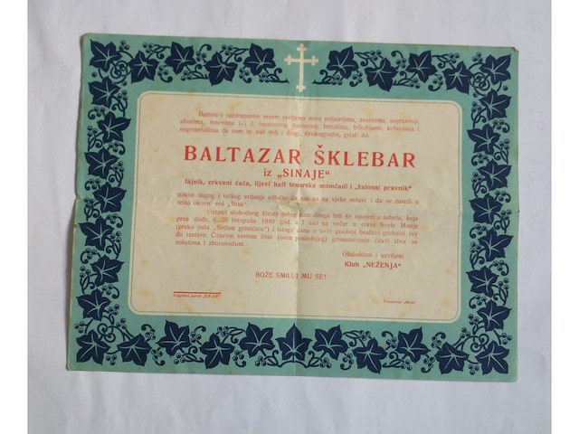 objava Klub NEŽENJA - BALTAZAR ŠKLEBAR iz Sinaje 1940.