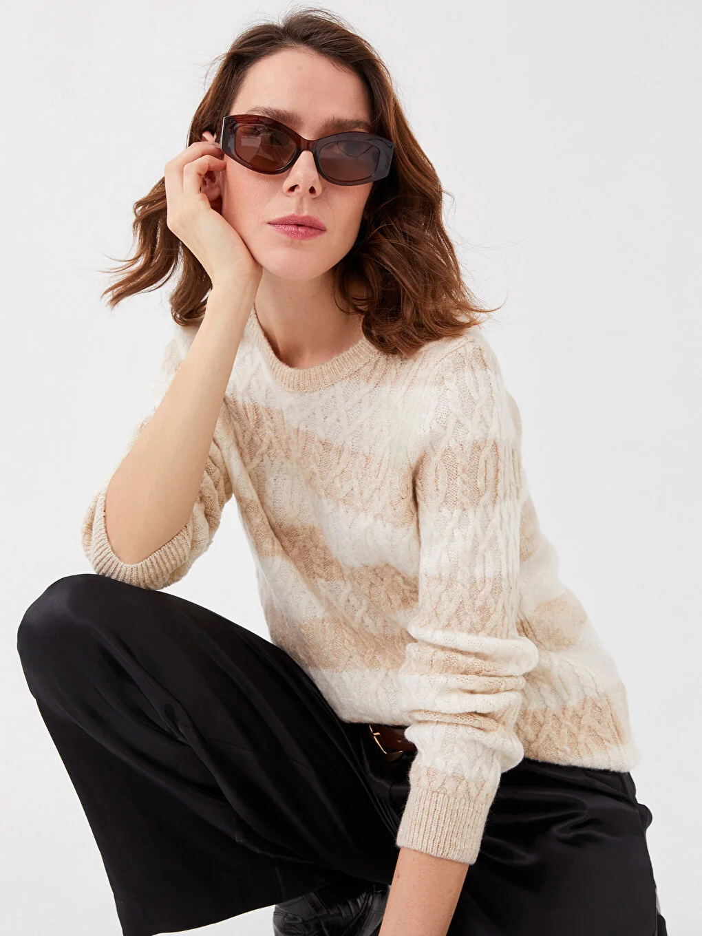 LCWAIKIKI Basic Trikotažni ženski džemper sa postojećim dezenom okruglog izreza dugih rukava