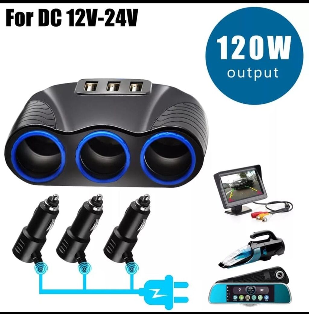 Spliter Auto upaljac 12V-24V - 120W, USB 3 izlaza Auto soket Adapter