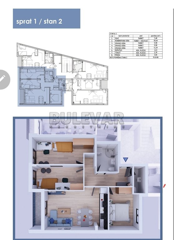 Trosoban stan, 70.81 m2, Dom zdravlja, Vojvode Tankosića ID: p-010958