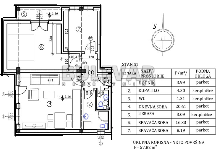 Dvosoban stan, 57.82 m2, Palilula, Durmitorska ID: p-08993