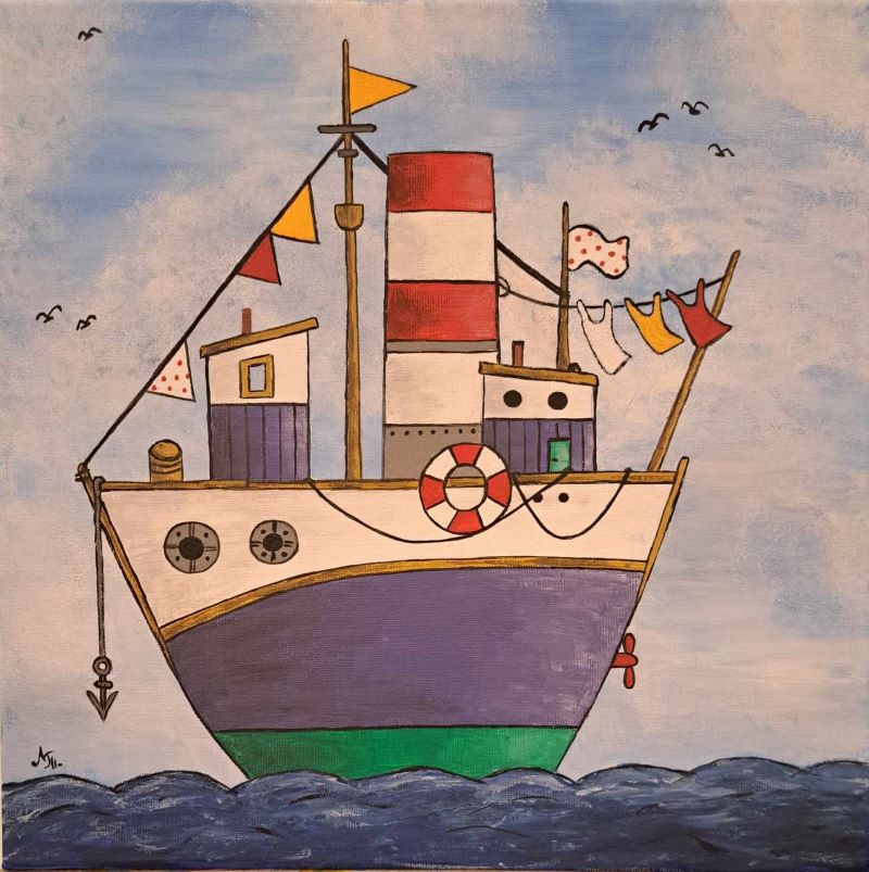 Ljubičasti brod, akril na platnu, Tijana L., 30×30 cm, sertifikat, 5900 dinara