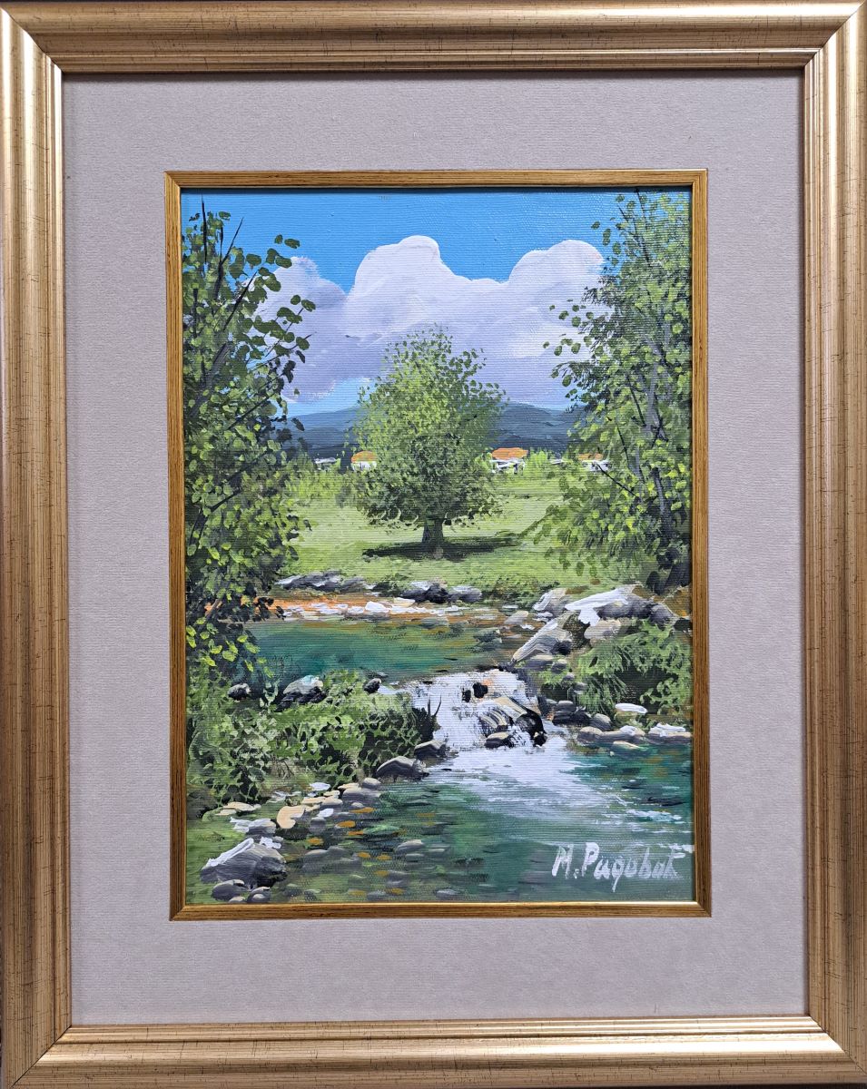 Potok 1, ulje na platnu, luksuzno uramljen, sa 53×43 cm, bez 35×25 cm, sertifikat, Miroslav Radović, 130 eura