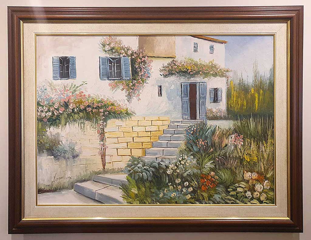 Umetnička slika - Kuća sa cvećem u dvorištu