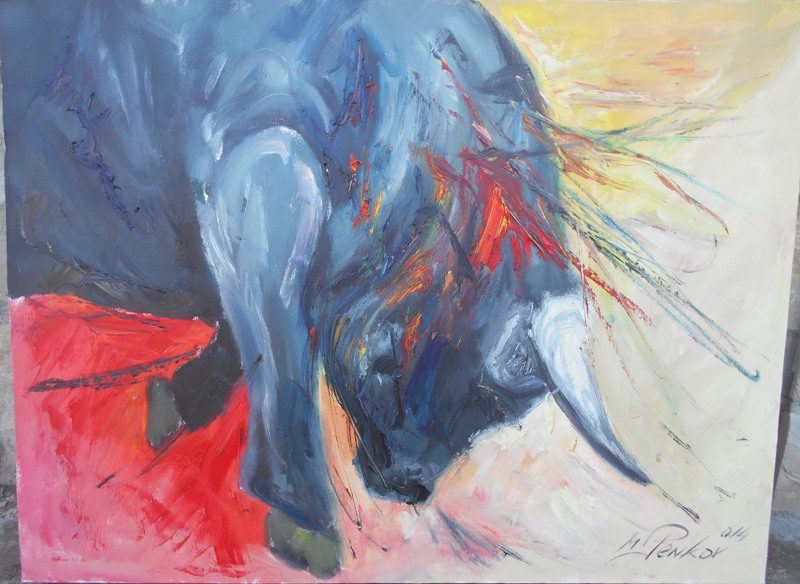 Umetnička slika Bik u koridi slikar Milovan Penkov Penkaso