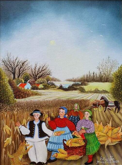 Umetnička slika Branje kukuruza slikar Jan Žolnaj